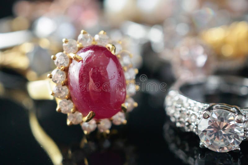 Big Red Ruby Ring with Jewelry Background Stock Photo - Image of ...