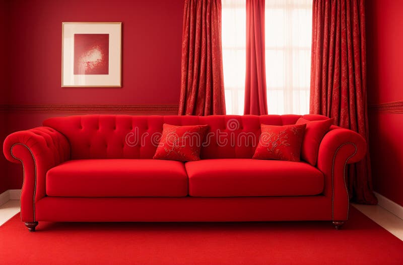Big Red Sofa in Red Room. Bright Interior in Apartment. Generative AI ...