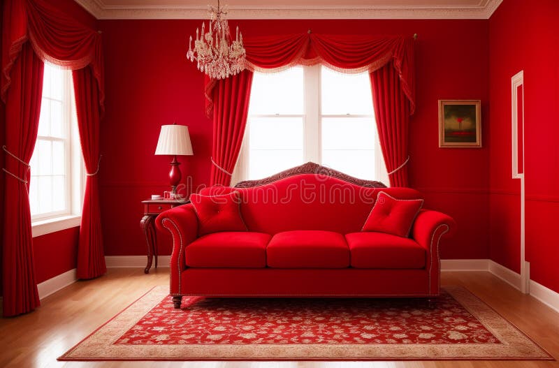 Big Red Sofa in Red Room. Bright Interior in Apartment. Generative AI ...