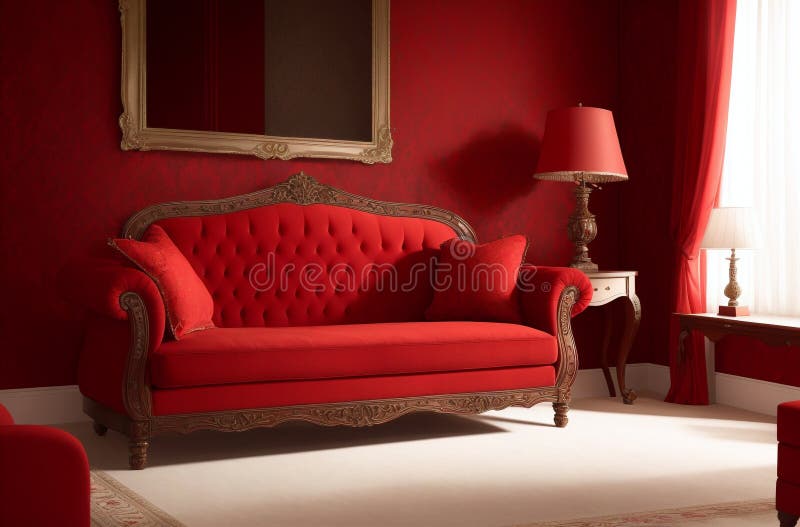 Big Red Sofa in Red Room. Bright Interior in Apartment. Generative AI ...