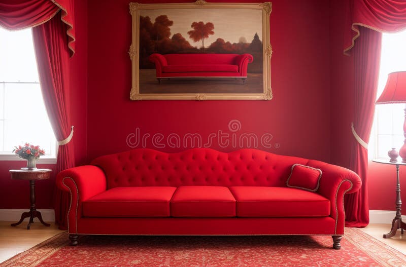 Big Red Sofa in Red Room. Bright Interior in Apartment. Generative AI ...