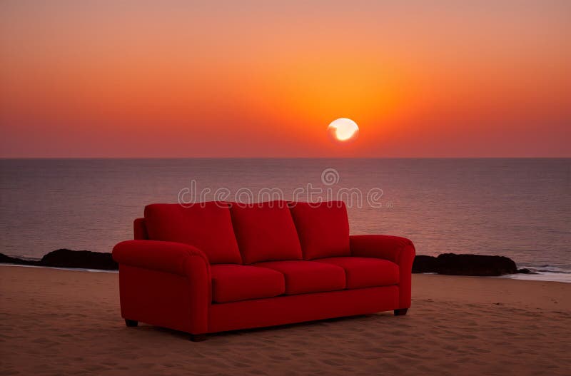 Big Red Sofa on Shore of Ocean, Sea at Sunset. Comfortable Couch on ...