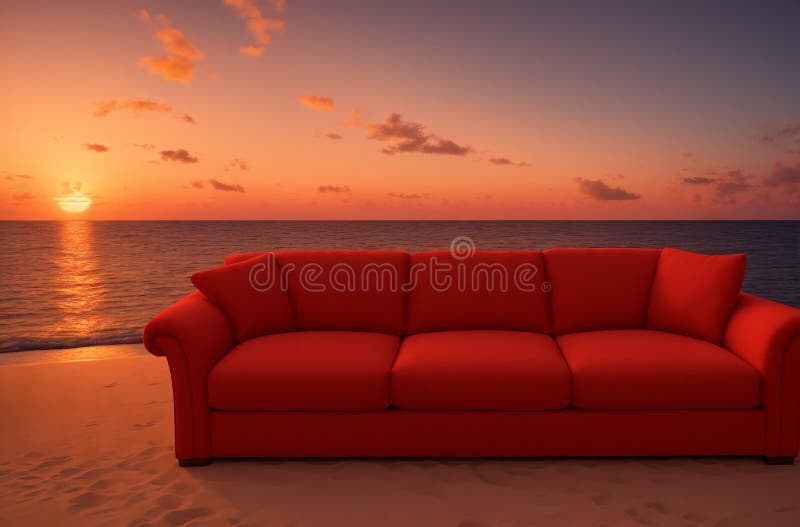 Big Red Sofa on Shore of Ocean, Sea at Sunset. Comfortable Couch on ...