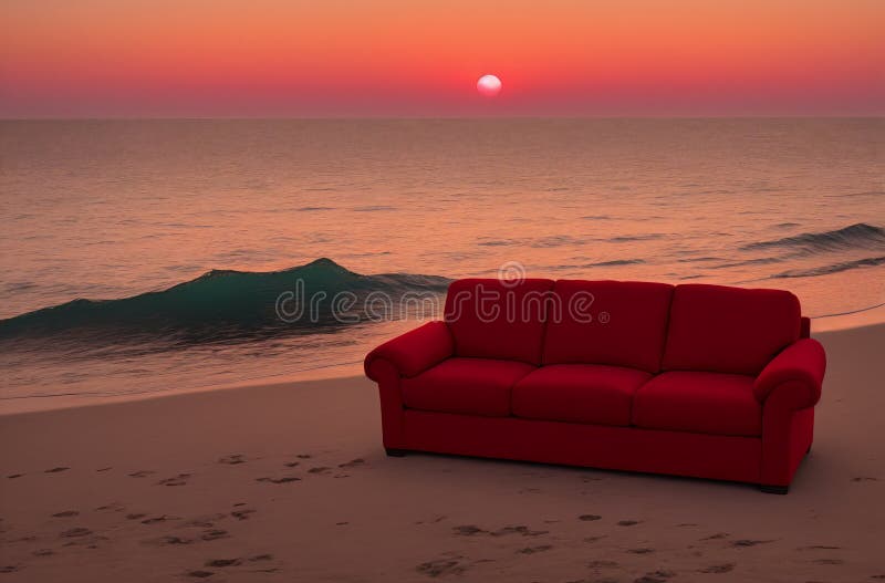 Big Red Sofa on Shore of Ocean, Sea at Sunset. Comfortable Couch on ...
