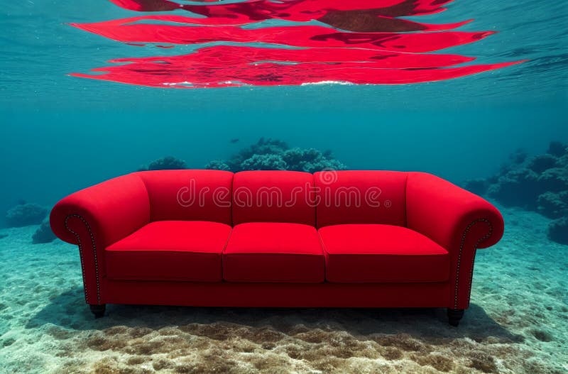 Big Red Sofa Under Water. Comfortable Couch at Bottom of Ocean, Sea ...