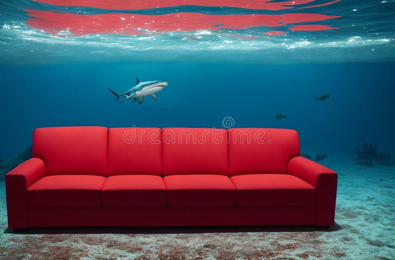 Big Red Sofa Under Water. Comfortable Couch at Bottom of Ocean, Sea ...