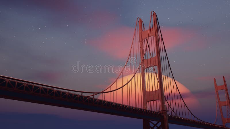 Big Red Suspension Bridge at Sunset, Big Yellow Orange Sunset Over the ...