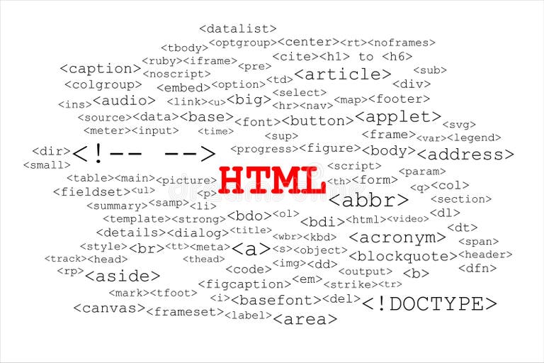 Big Red Title HTML in the Middle with Many Different HTML Tags Stock ...