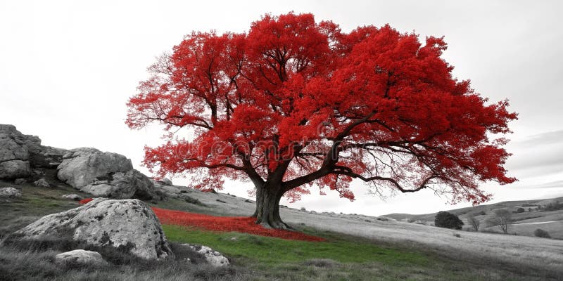 Big Red Tree in a Black and White Landscape Stock Illustration ...