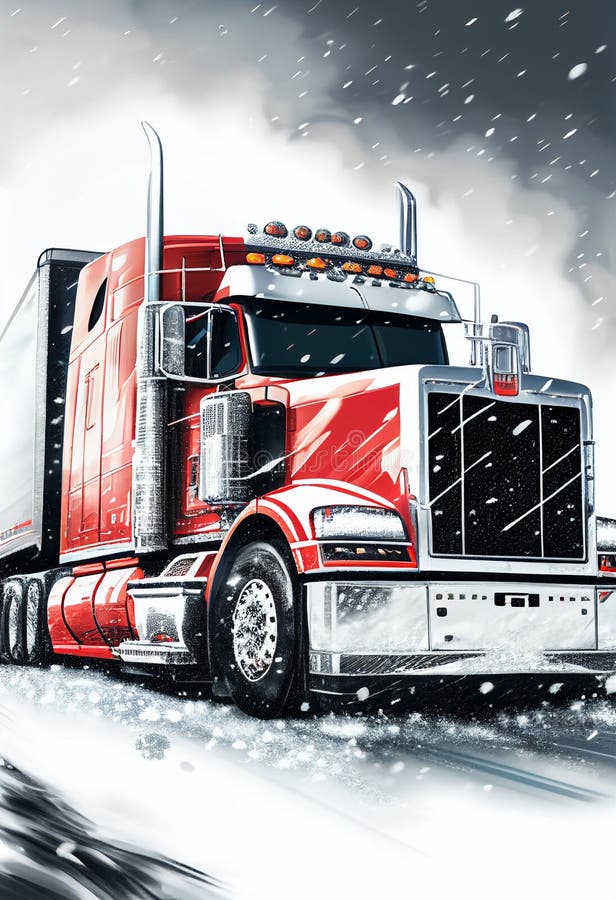 Big Red Truck Rides in Winter Weather. AI Generated Stock Illustration ...