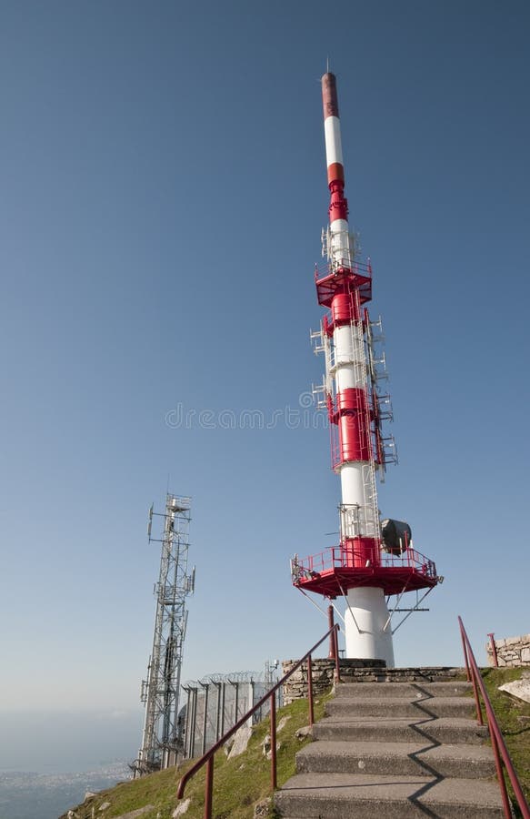 Red and White Antenna (cellular Tower) Under Blue Sky. Stock Image ...
