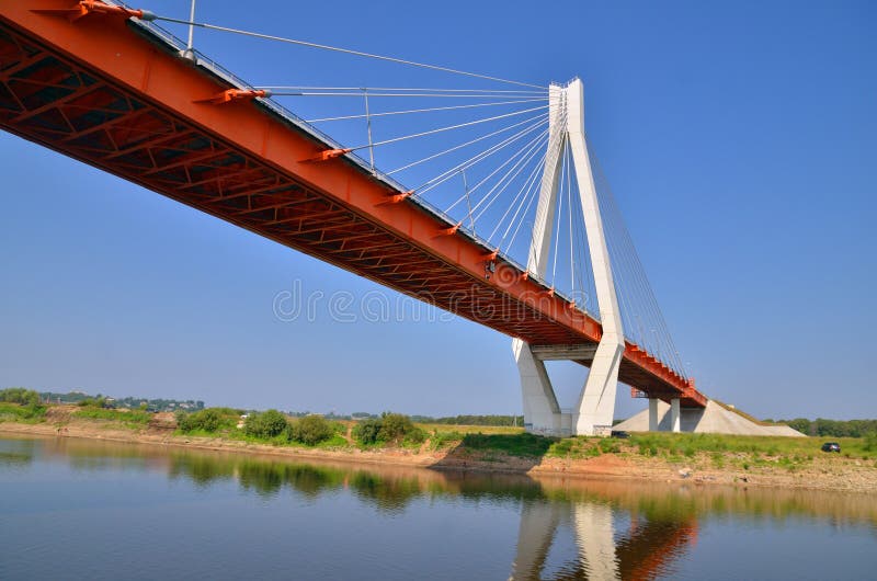 A Big Red and White Bridge through the River Oka Stock Photo - Image of ...