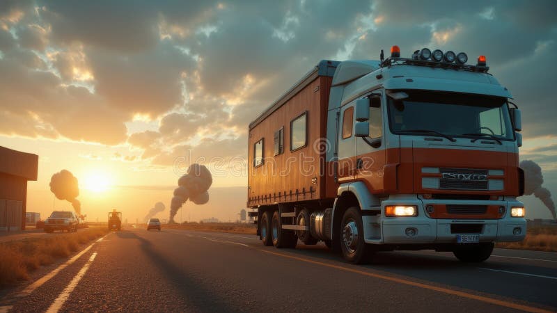 Big Rig Truck Driving on Highway at Sunset Stock Illustration ...