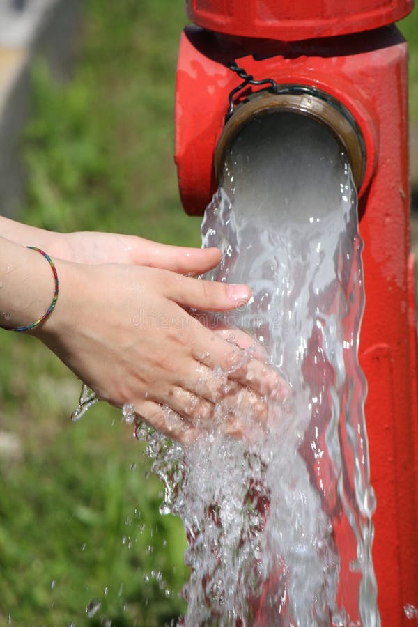 Big Red Road Hydrant Refreshing Water Comes Out Copious Hand Stock ...