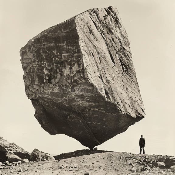 A Big Rock Block and a Small Man Below Stock Image - Image of stone ...