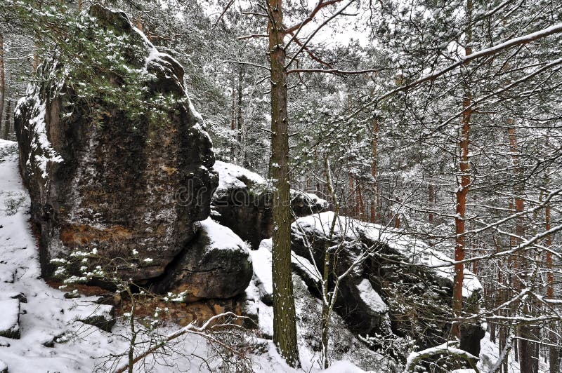 Big Rock Covered Partially with Snow Stock Image - Image of forest ...