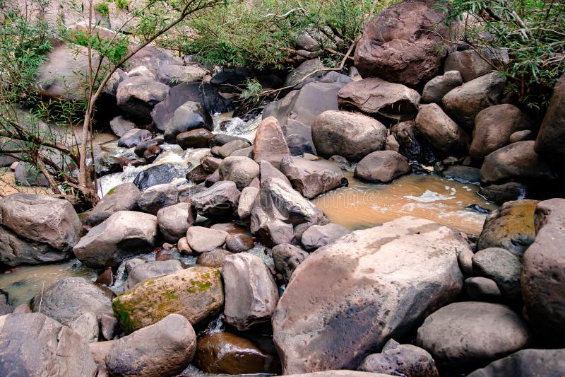 A Big Rock in the Forest. Water Flowing through the Rock. Water Source ...