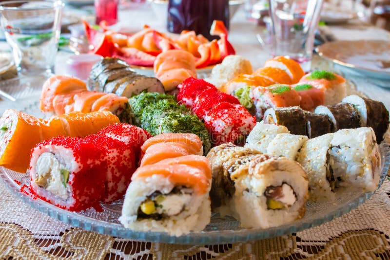 Big Roll Set on a Large Plate at Home Stock Image - Image of fresh ...