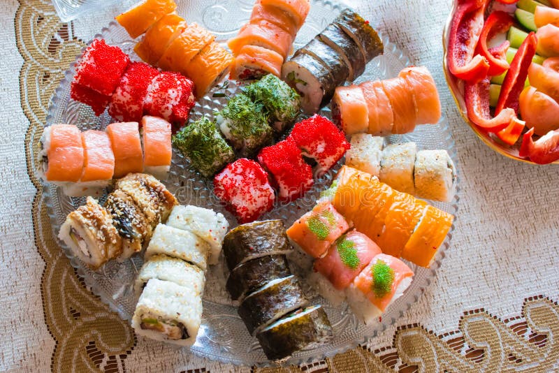 Big Roll Set on a Large Plate at Home Stock Image - Image of meal, tuna ...