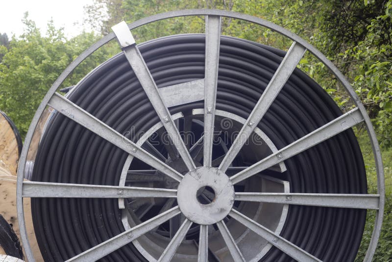 Big Rolls of Black Power Cable on Construction Site Close Up Stock ...