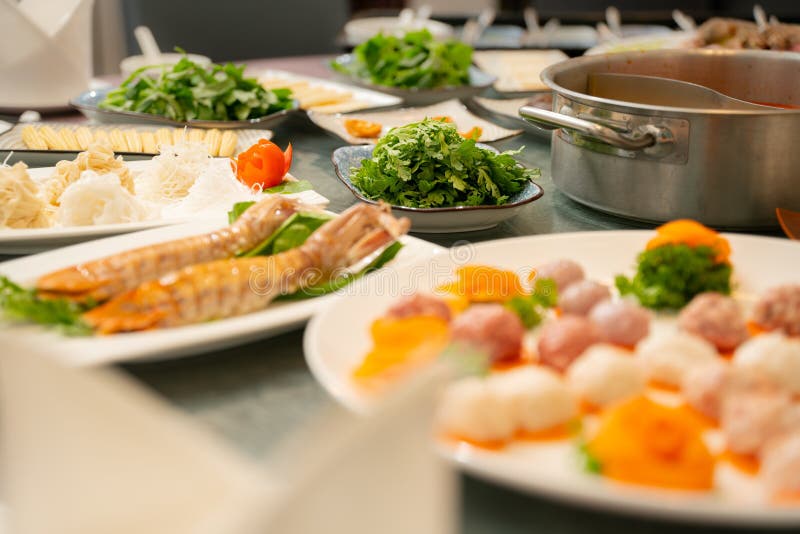 Big Round Table with Different Side Dishes on it Stock Image - Image of ...