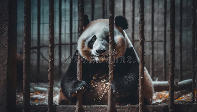 Big Sad Panda Sitting Behind Bars in Zoo Stock Illustration ...