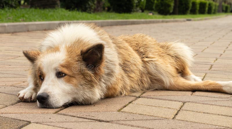 A Big Sad Stray Dog is Lying on the Street Stock Photo - Image of ...