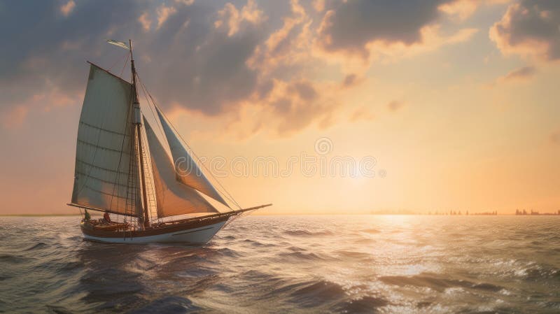 Big Sail Boat Sailing in the Ocean at Sunset - Hyperrealistic Rendering ...