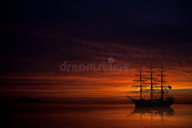 Big Sailboat on Beautiful Sunset Stock Photo - Image of reflection ...