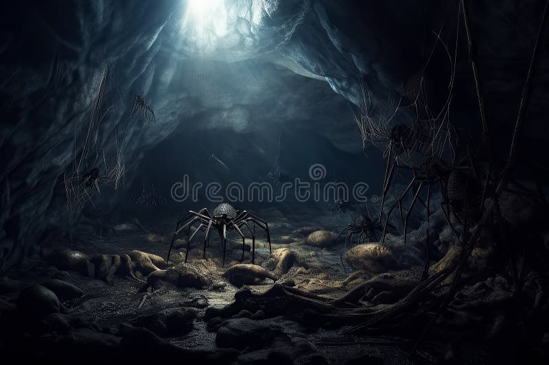 Spider In Cave Halloween Concept 3d Illustration Ai Generated Stock