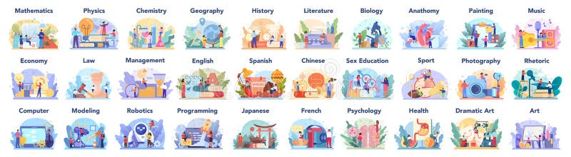 Big School Subject or Educational Class Set. Student Studying Social ...