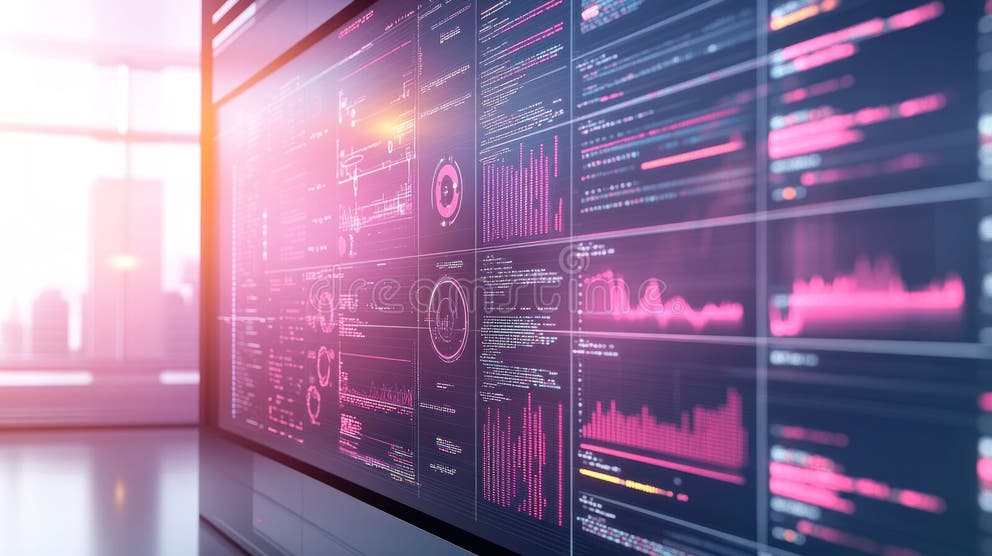 Big Screen Showing Futuristic User Interface with Charts and Code in Modern Office Stock Image ...
