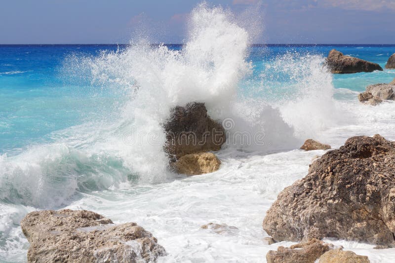 Big Sea Wave Breaking on the Shore Rocks Stock Photo - Image of holiday ...