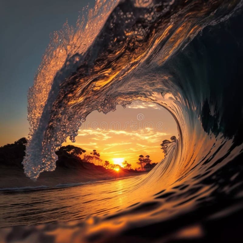 Big Sea Wave she is with the Sun at Sunset Stock Illustration ...