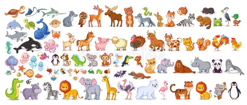 Big Set with Animals in Cartoon Style. Vector Collection Stock ...