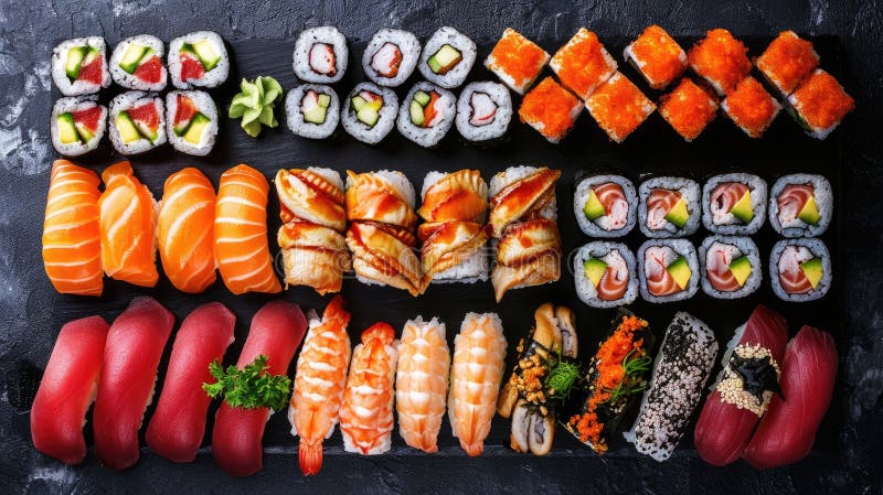 Indulge in the Visual Feast of a Diverse Sushi Platter, Rolls, and Maki ...