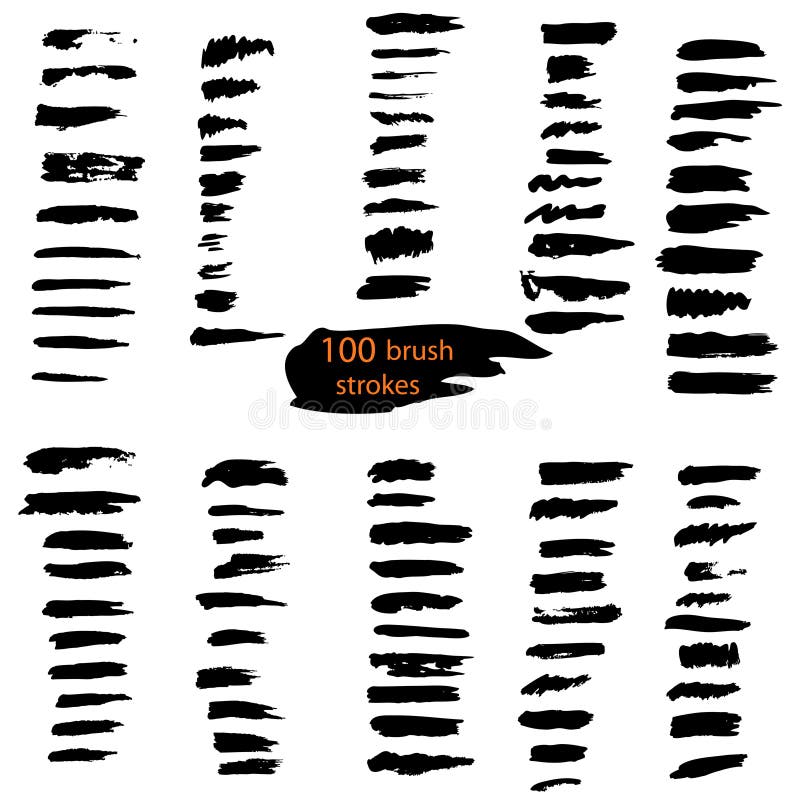 Big Set of 100 Black Brush Strokes Stock Vector - Illustration of drawn ...