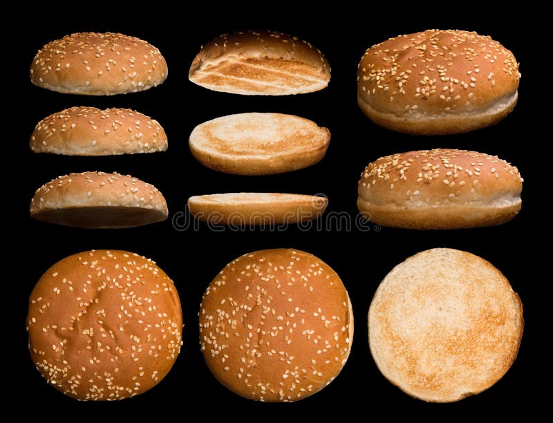 Big Set of Burger Bun Isolated on Black Background Stock Image - Image ...