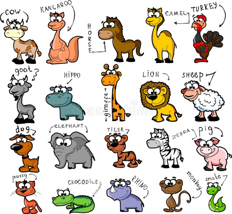 Big Set of Cartoon Animals, Vector Stock Vector - Illustration of ...
