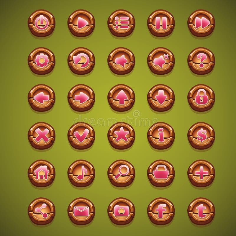 Big Set of Cartoon Wooden Buttons for the User Interface Stock Vector ...