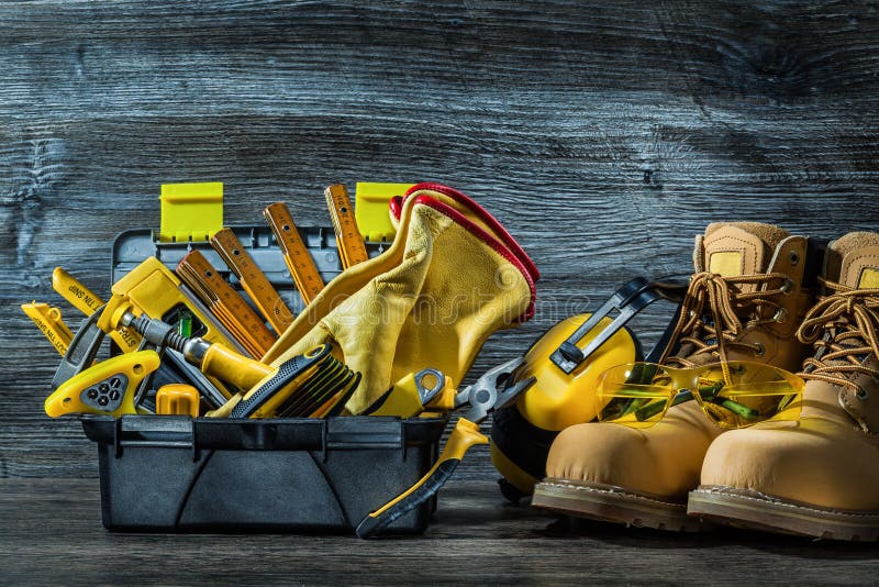 Big Set of Construction Tools in Little Toolbox and Boots Stock Photo ...