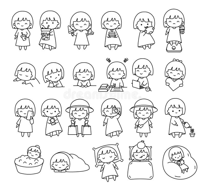 Big Set Cute Girl Cartoon Character Flat Icon Outline For Stickerplannervector Stock Vector