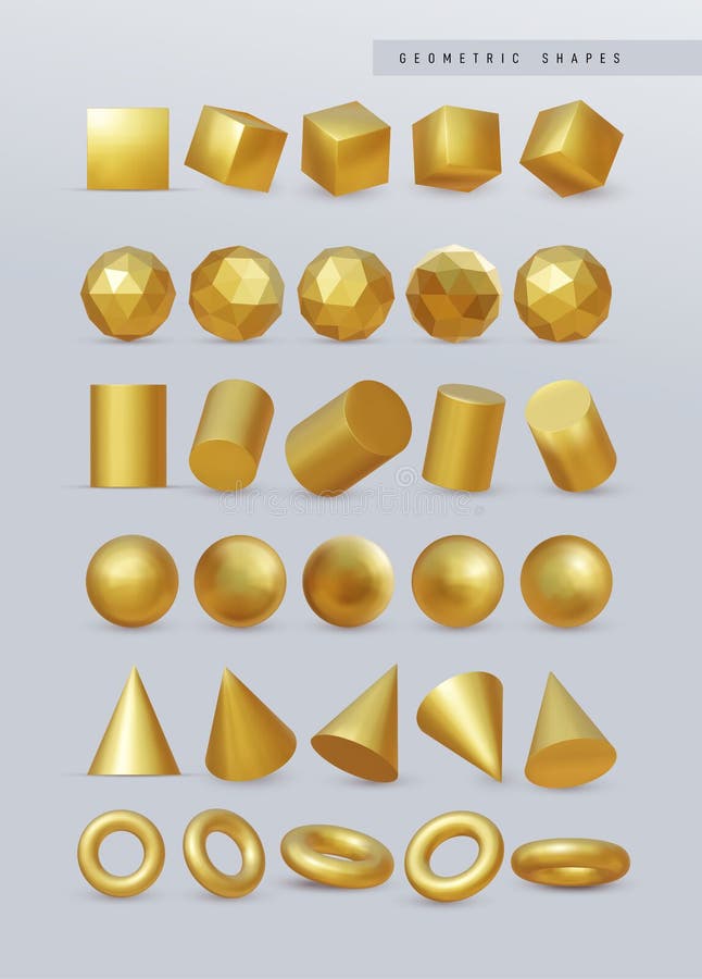 Big Set of 3d Gold Geometry. Vector Realistic Render Square, Ball ...
