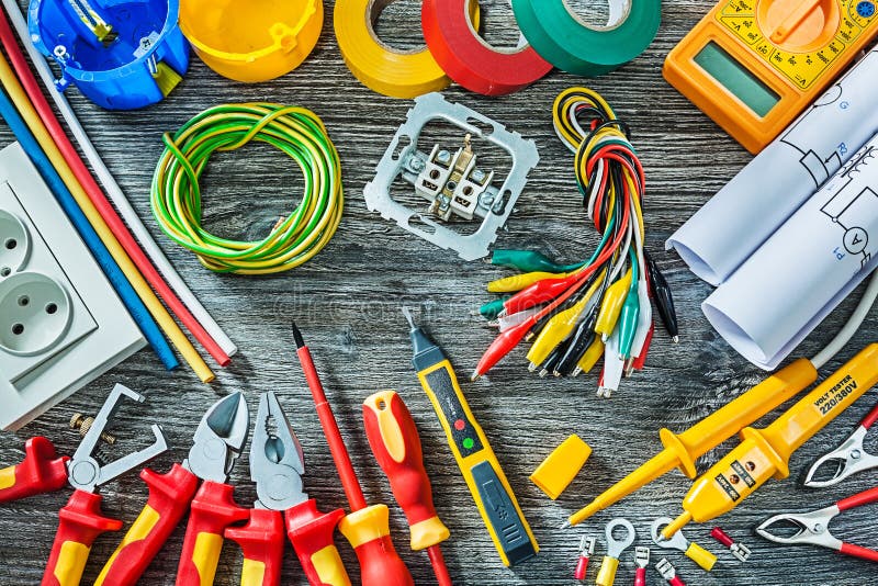 Big Set of Electric Tools on Vintage Wooden Background Stock Image ...