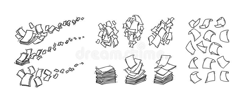 Big Set of Flying Paper Sheets in Doodle Style. Hand Drawn Blank ...
