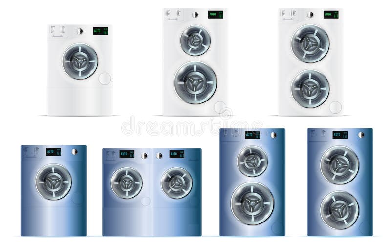 Big Set of Front Load Double White and Blue Steel Washing Machines with ...