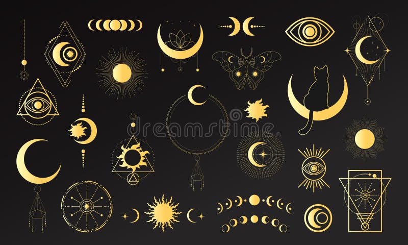Big Set of Golden Celestial Magical and Astrological Symbols. Celestial ...
