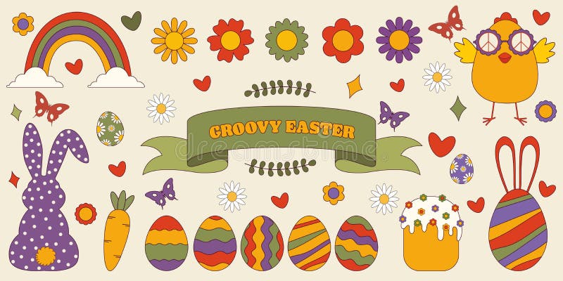 Big Set of Groovy Easter Design Elements in Trendy 70s, 60s Style ...