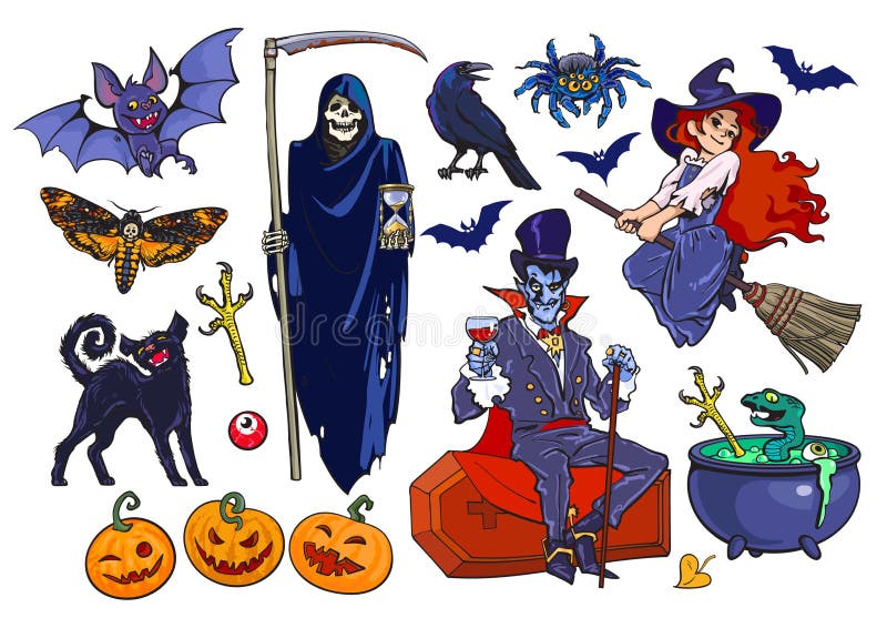 Big Set of Halloween Cartoon Characters and Objects. Hand Drawn Vector ...