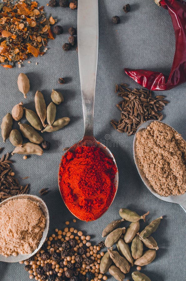 Various Spices on Grey Background. Cooking Stock Image - Image of view ...